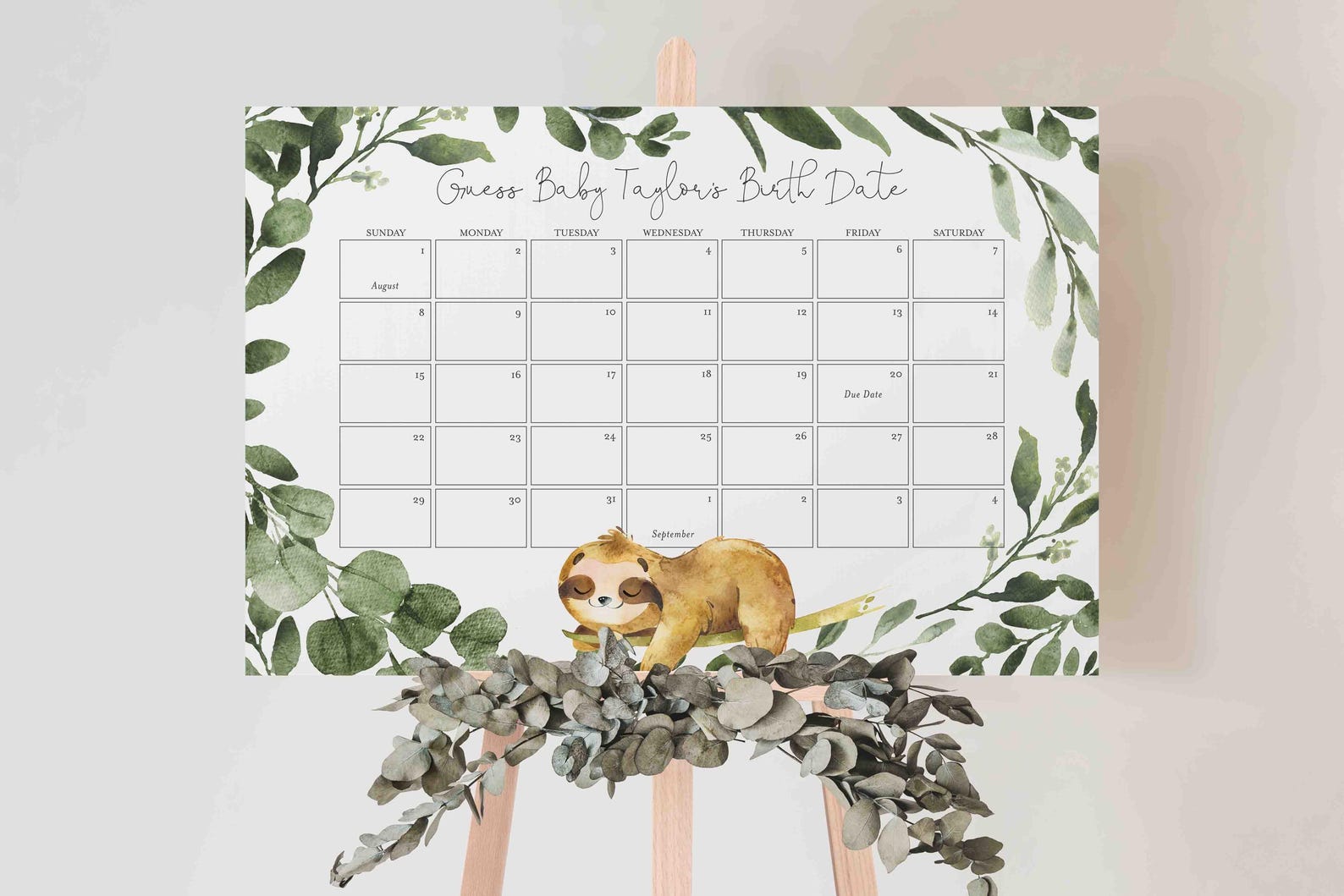 Sloth Baby Shower Due Date Calendar Game, Sloth Due Date Calendar Game ...