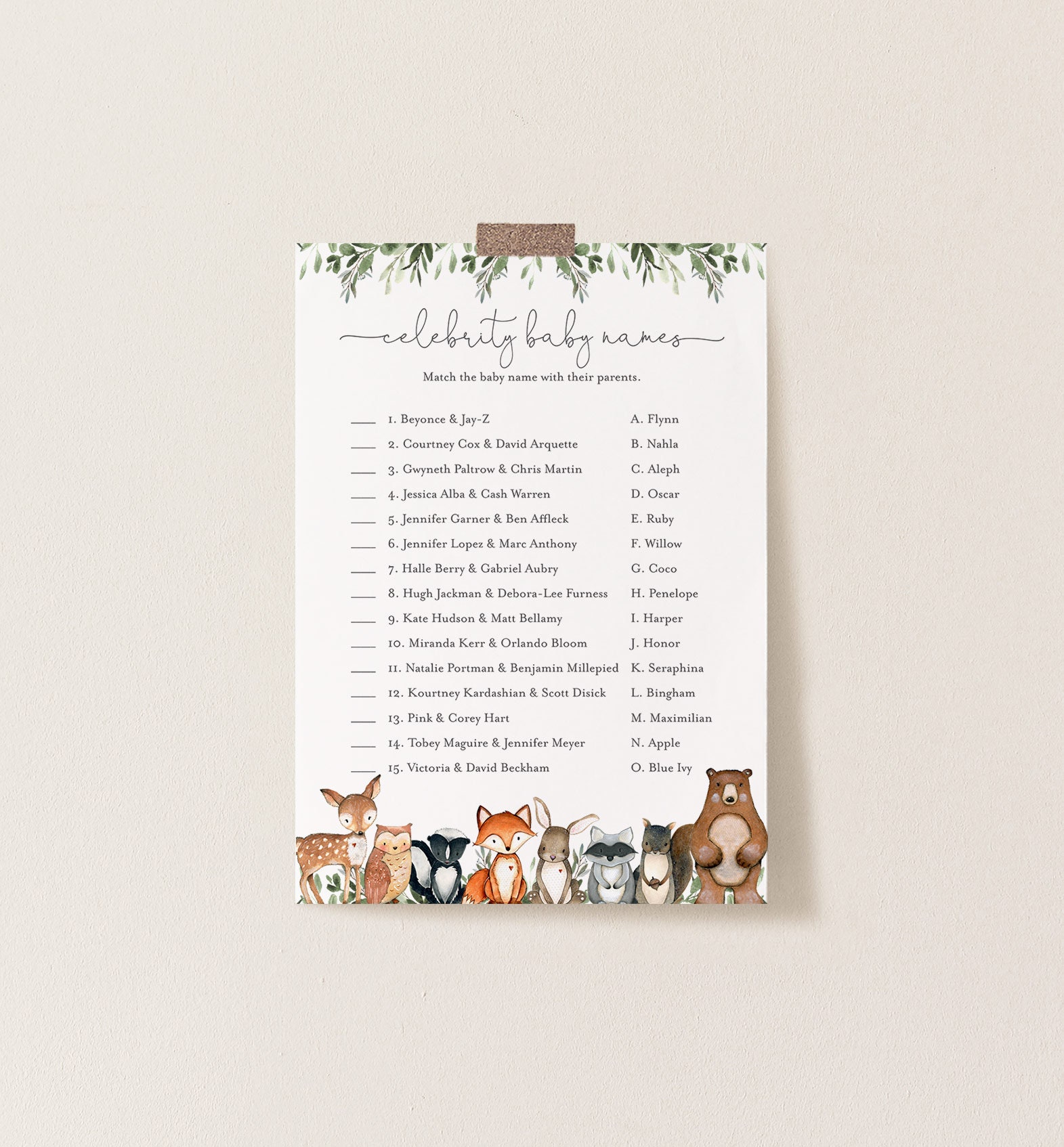 Woodland Baby Shower Celebrity Baby Names Game, Woodland Celebrity Baby ...