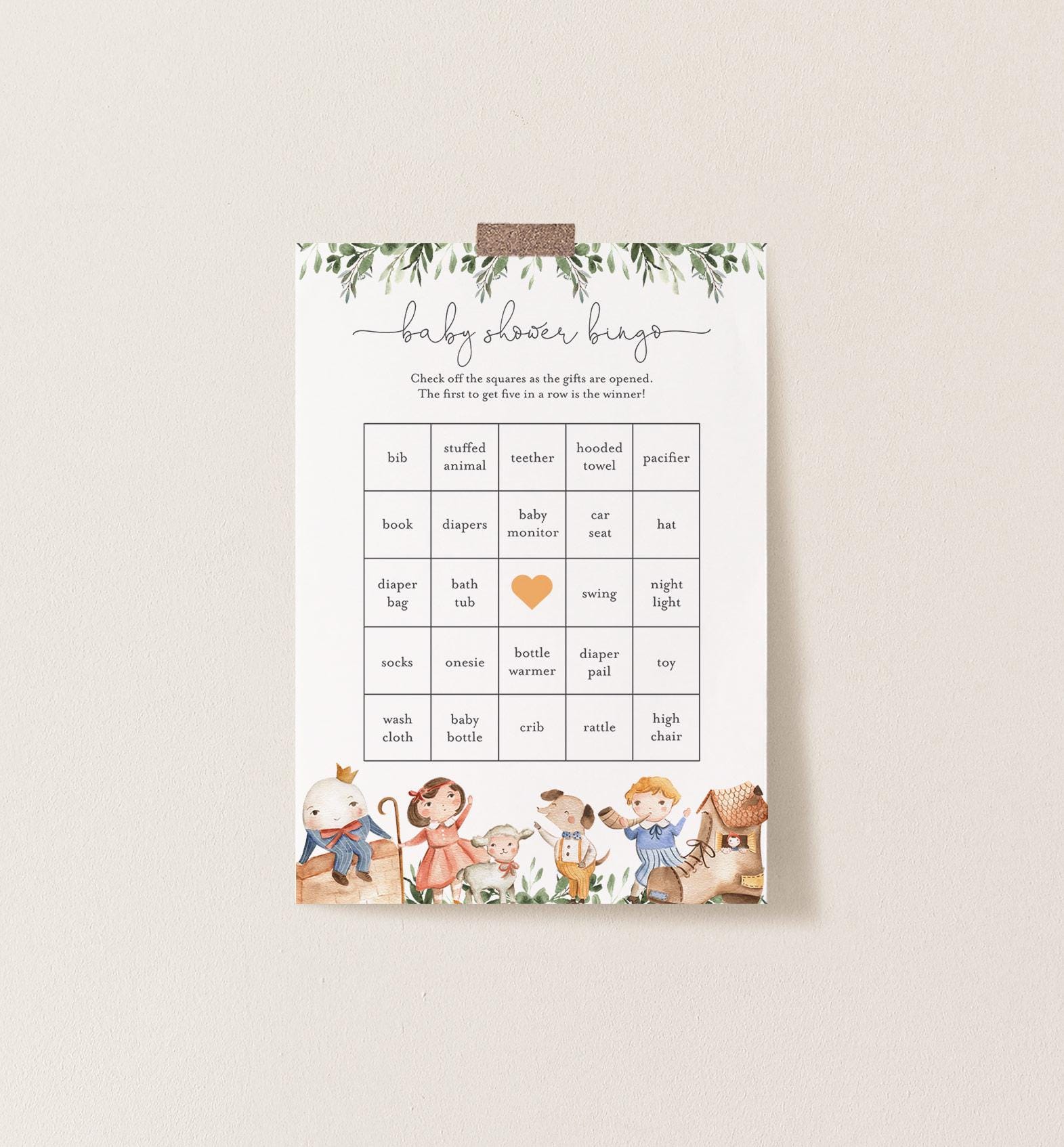 Nursery Rhyme Baby Shower Bingo Game, Nursery Rhyme Bingo Game, Nursery ...