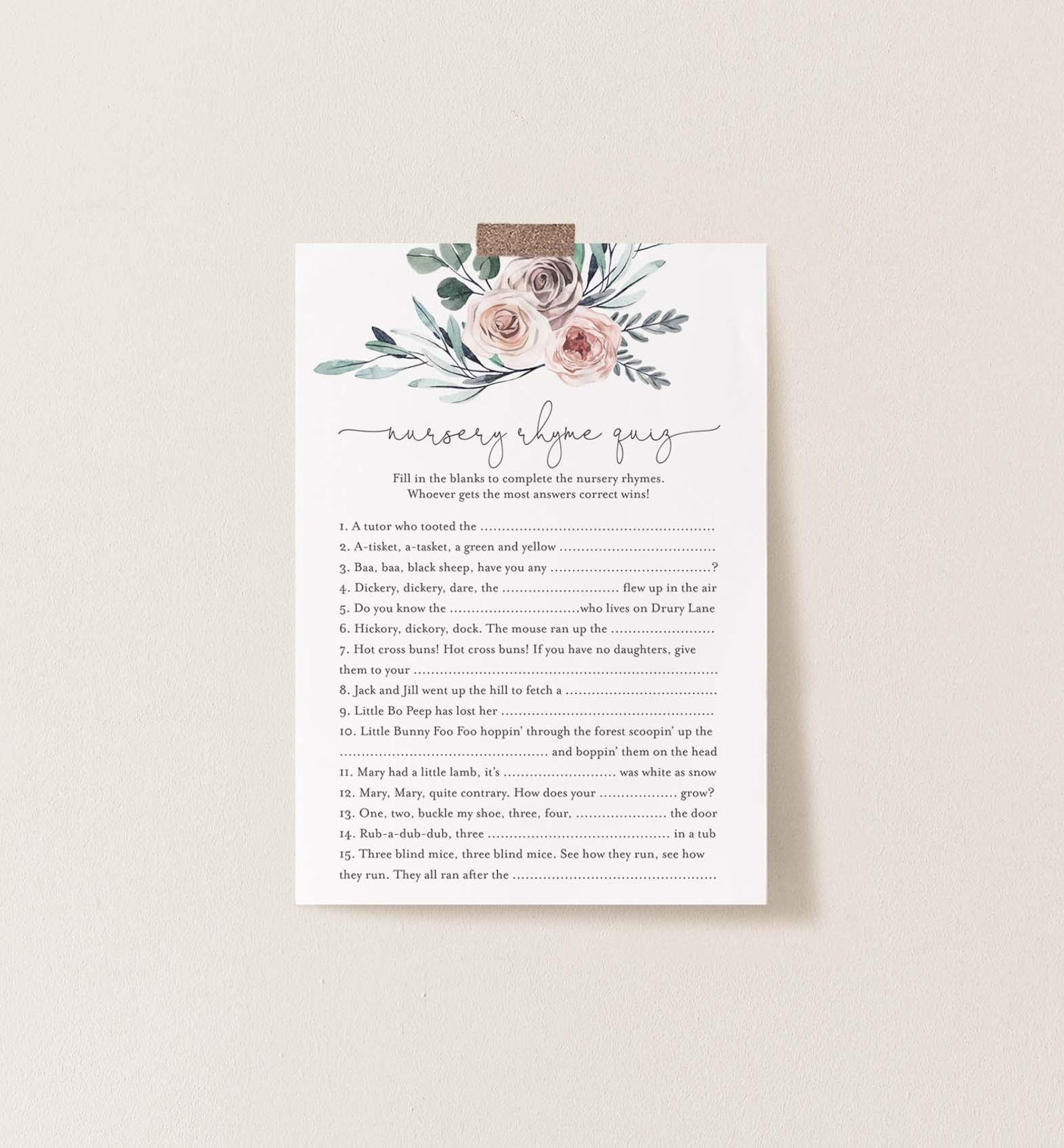 Boho Rose Baby Shower Nursery Rhyme Quiz Game, Boho Rose Nursery Rhyme ...