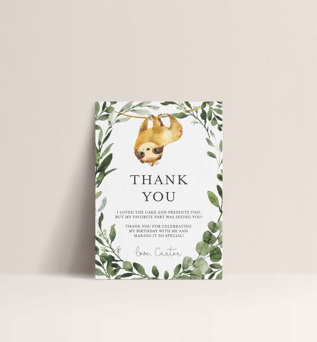 Sloth Birthday Thank You Note, Sloth Thank You Note, Sloth Thank You ...