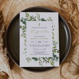 Greenery Confirmation Invitation, Eucalyptus Confirmation Invitation ...