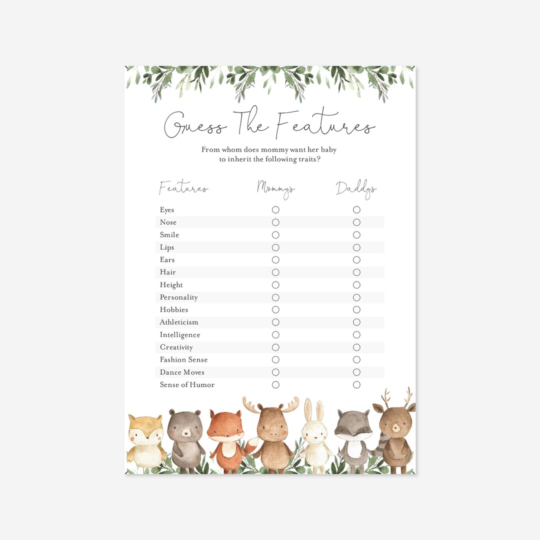 Woodland Baby Shower Guess the Features Game Woodland Guess - Etsy