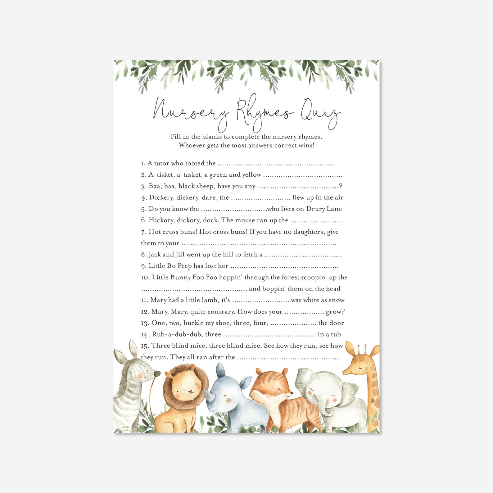 Safari Baby Shower Nursery Rhyme Quiz Game Safari Nursery | Etsy