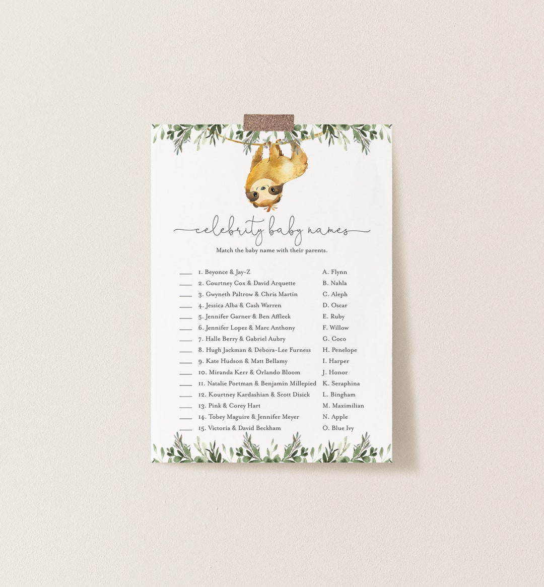 Sloth Baby Shower Celebrity Baby Names Game, Sloth Celebrity Baby Names ...