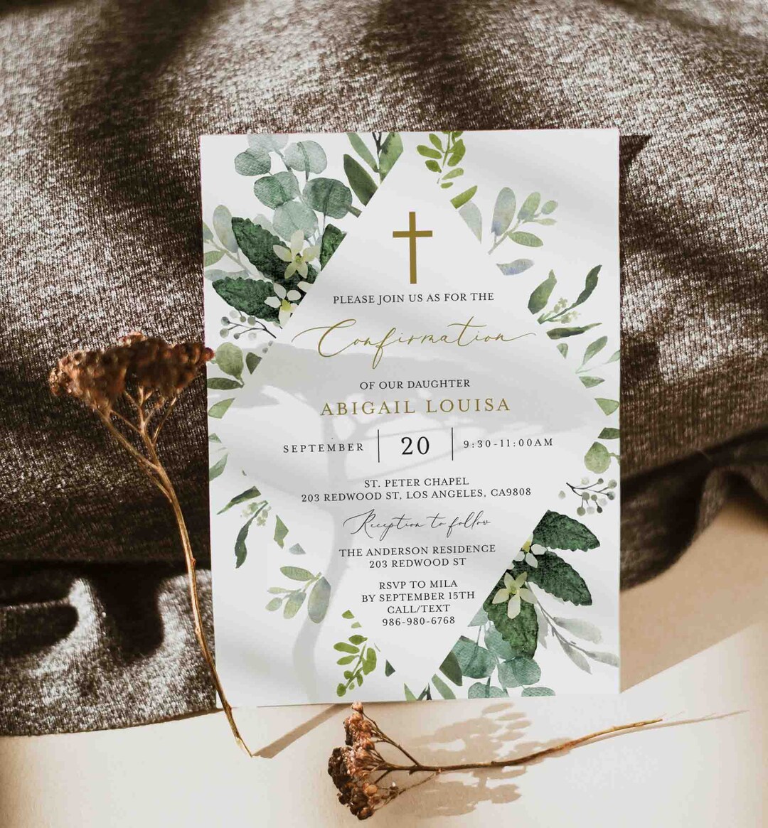Greenery Confirmation Invitation, Eucalyptus Confirmation Invitation ...