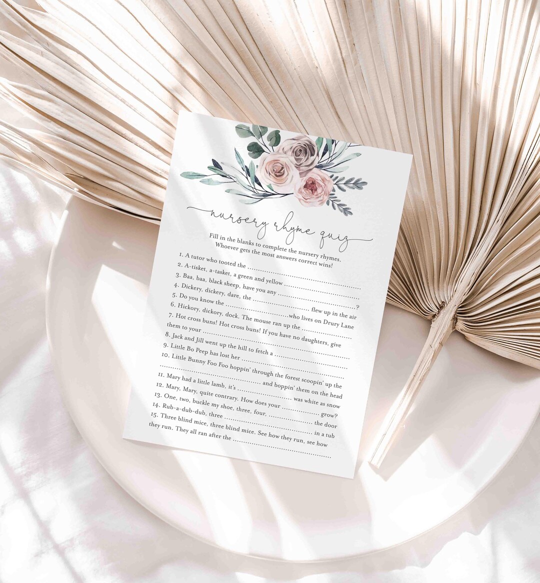 Boho Rose Baby Shower Nursery Rhyme Quiz Game, Boho Rose Nursery Rhyme ...
