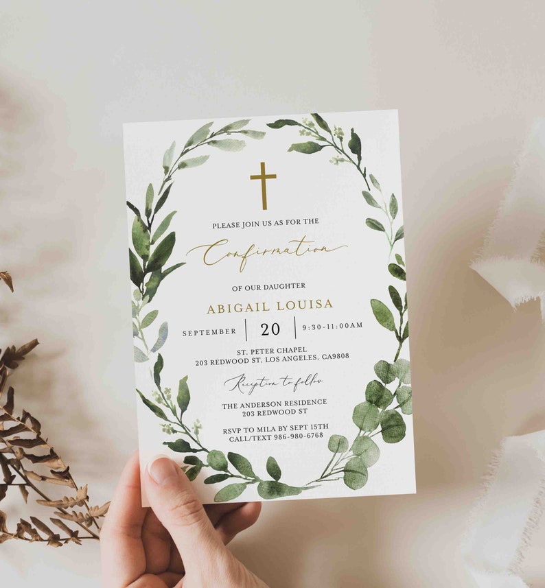 Greenery Confirmation Invitation, Eucalyptus Confirmation Invitation ...