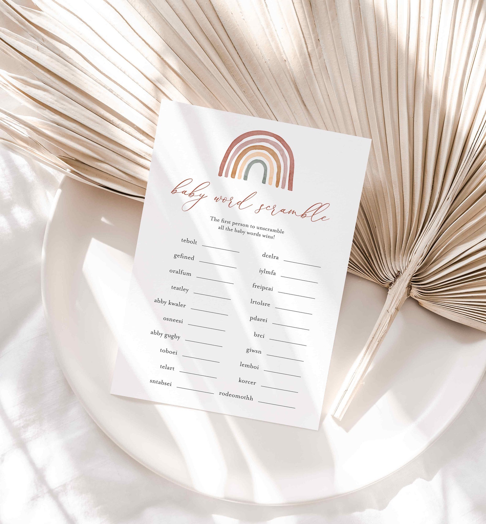 Rainbow Baby Shower Word Scramble Game, Boho Rainbow Word Scramble Game ...