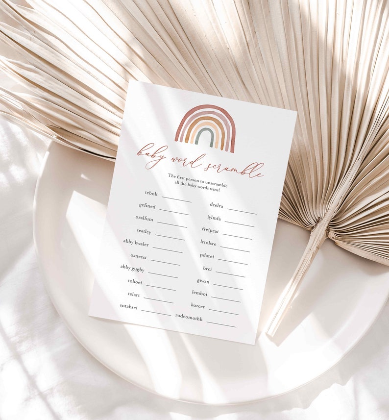 Rainbow Baby Shower Word Scramble Game, Boho Rainbow Word Scramble Game ...