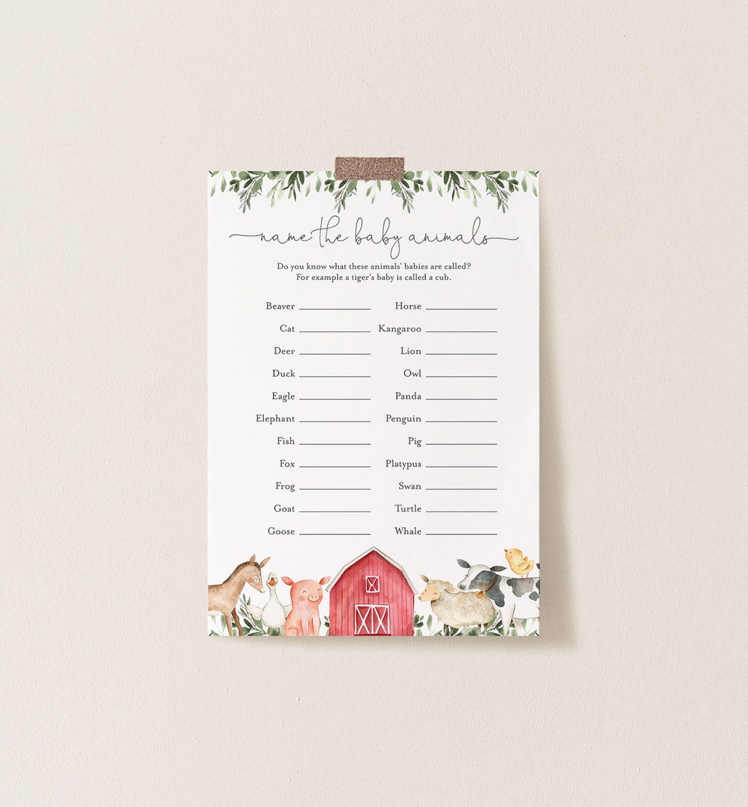 Farm Baby Shower Name the Baby Animals Game, Farm Name the Baby Animals ...