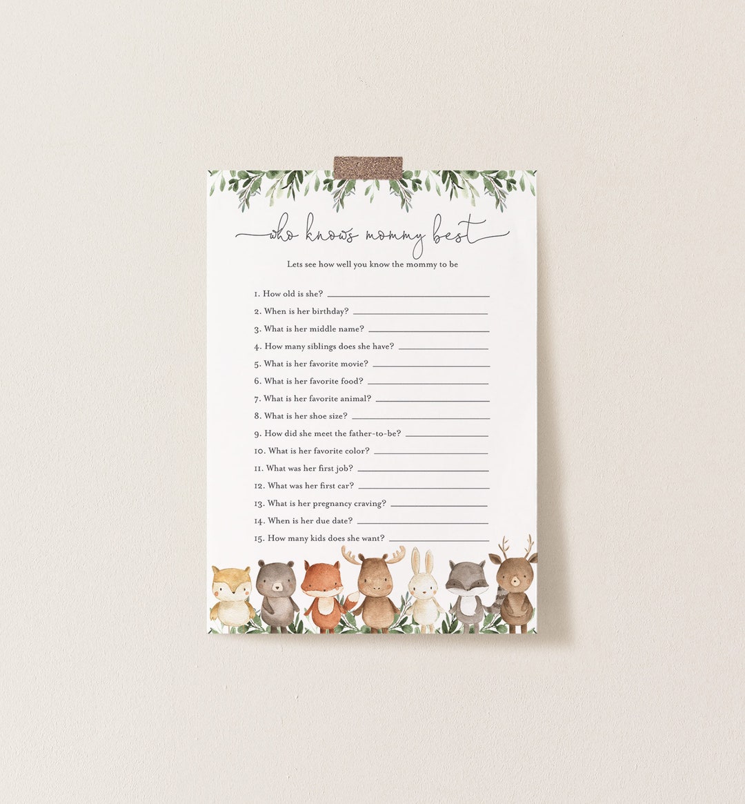 Woodland Baby Shower Who Knows Mommy Best Game, Woodland Who Knows ...