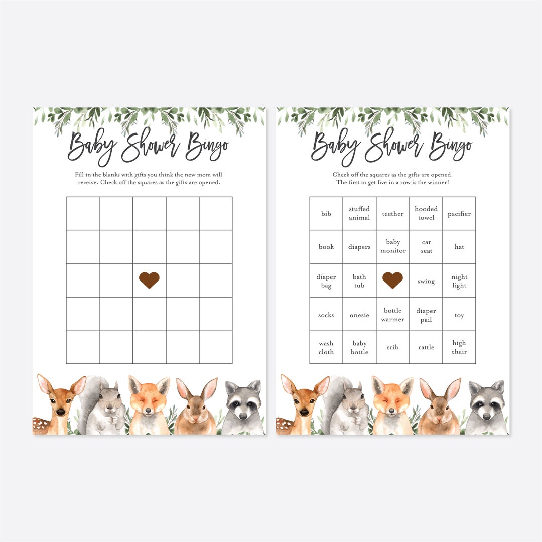 Woodland Baby Shower Bingo Game, Woodland Bingo Game, Woodland Animal ...