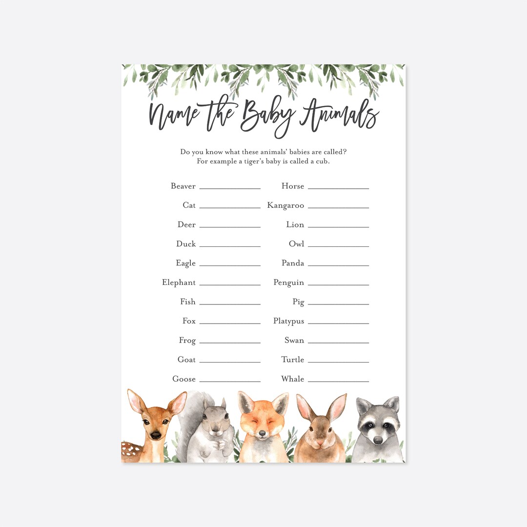 Woodland Baby Shower Name the Baby Animals Game, Woodland Name the Baby ...