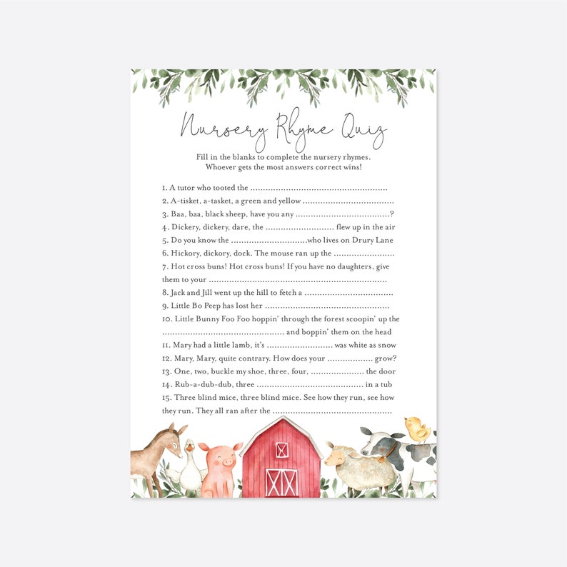 Farm Baby Shower Nursery Rhyme Quiz Game Farm Nursery Rhyme - Etsy