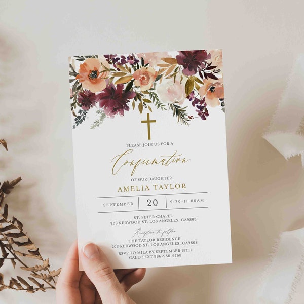 Burgundy Confirmation Invitation - Etsy