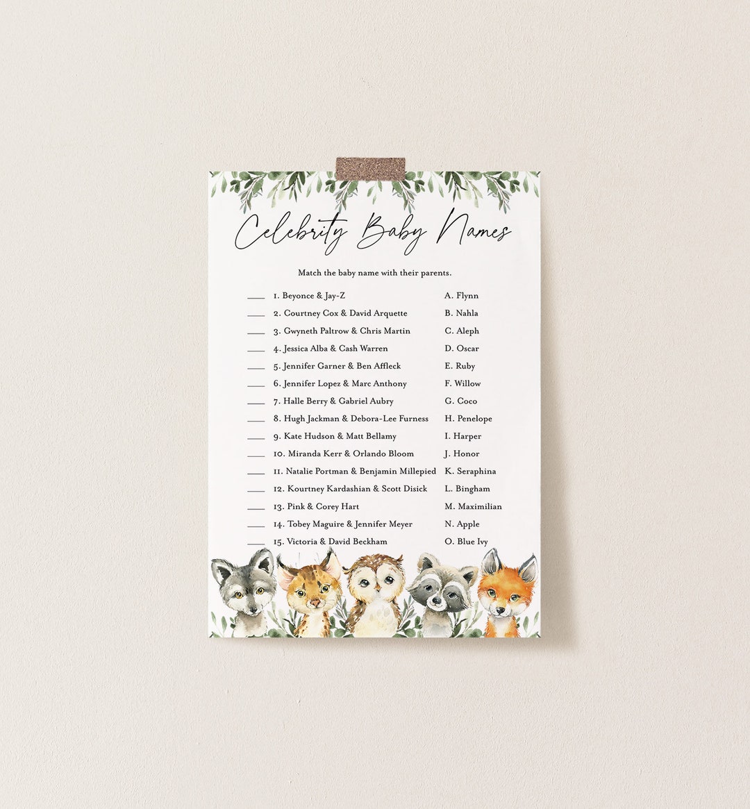Woodland Baby Shower Celebrity Baby Names Game, Woodland Celebrity Baby ...