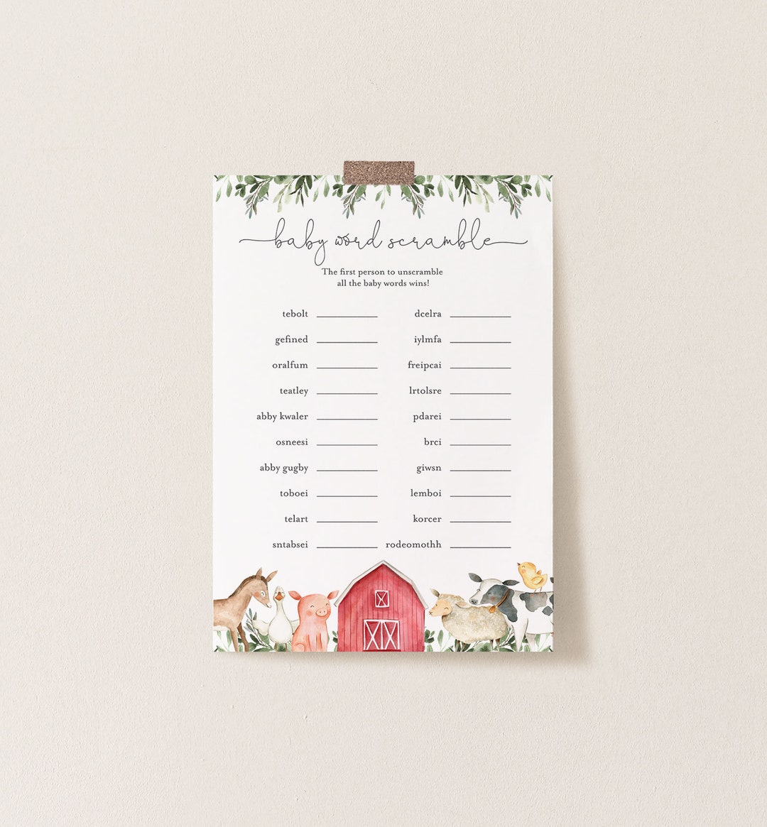 Farm Baby Shower Word Scramble Game, Farm Word Scramble Game, Farm ...