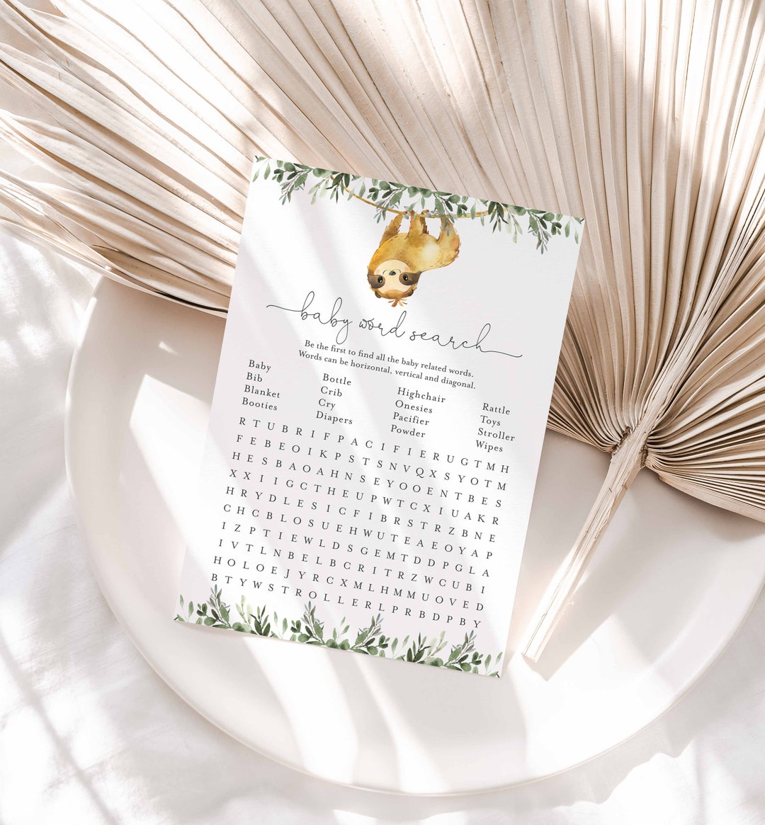 Sloth Baby Shower Word Search Game, Sloth Word Search Game, Sloth Word ...
