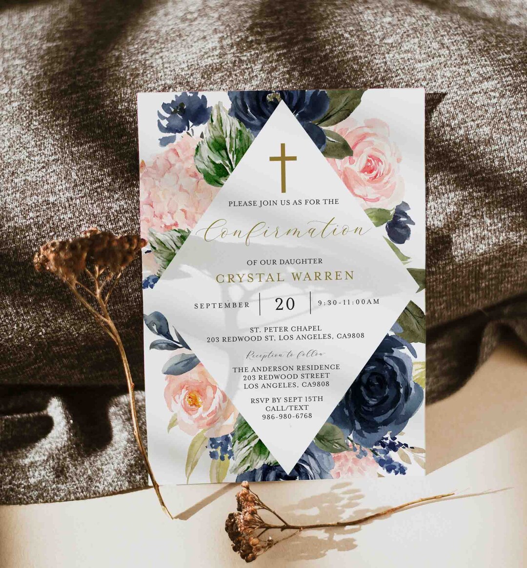 Navy Blush Confirmation Invitation, Floral Confirmation Invitation ...