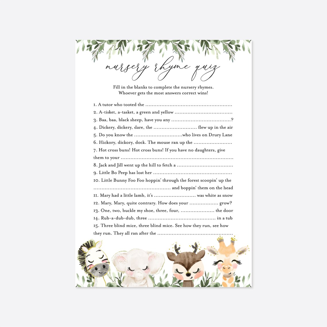 Safari Baby Shower Nursery Rhyme Quiz Game Safari Nursery - Etsy