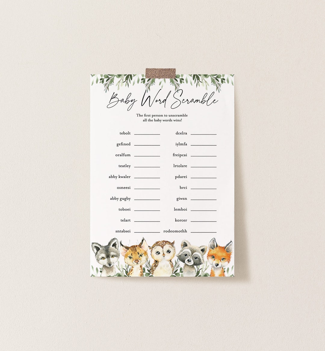 Woodland Baby Shower Word Scramble Game, Woodland Word Scramble Game ...