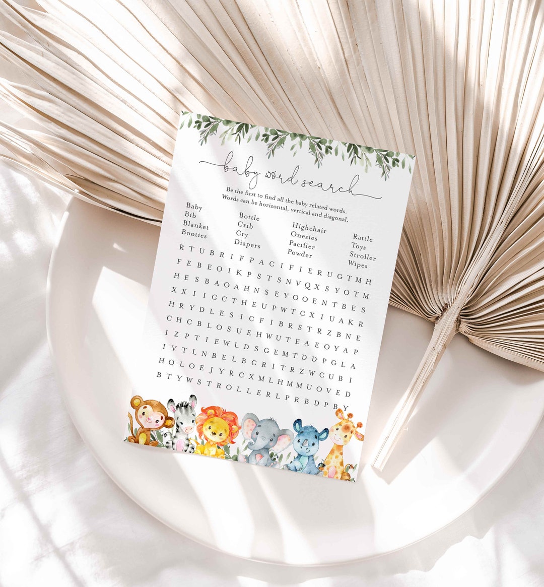 Jungle Baby Shower Word Search Game, Safari Word Search Game, Jungle ...