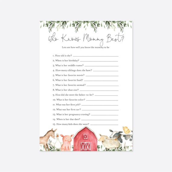 Farm Baby Shower Who Knows Mommy Best Game Farm Who Knows | Etsy