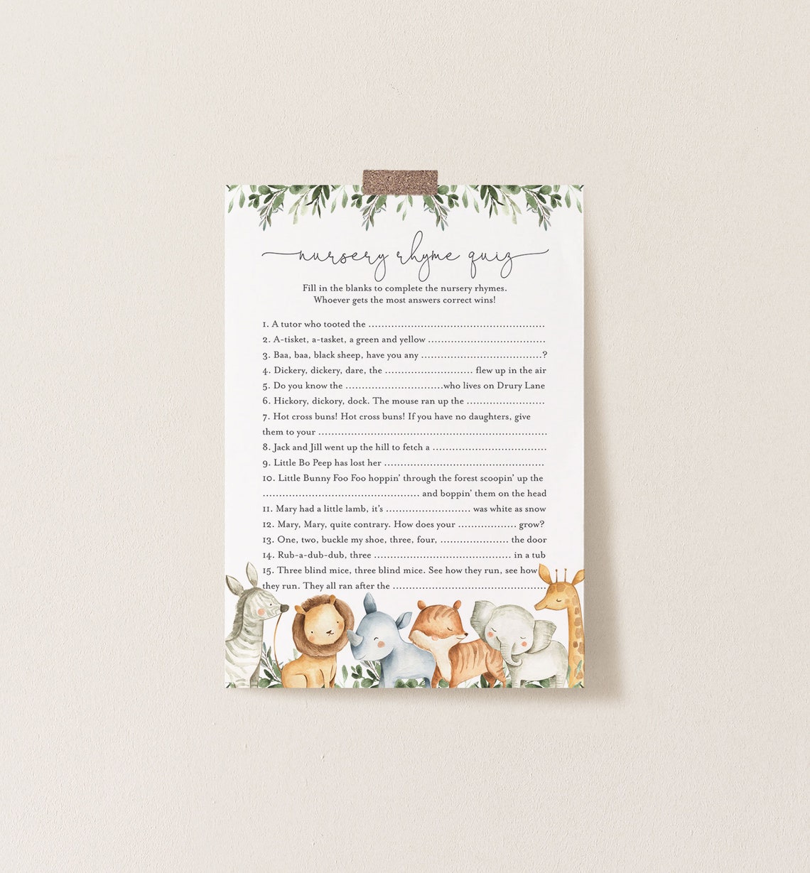Safari Baby Shower Nursery Rhyme Quiz Game, Safari Nursery Rhyme Quiz ...