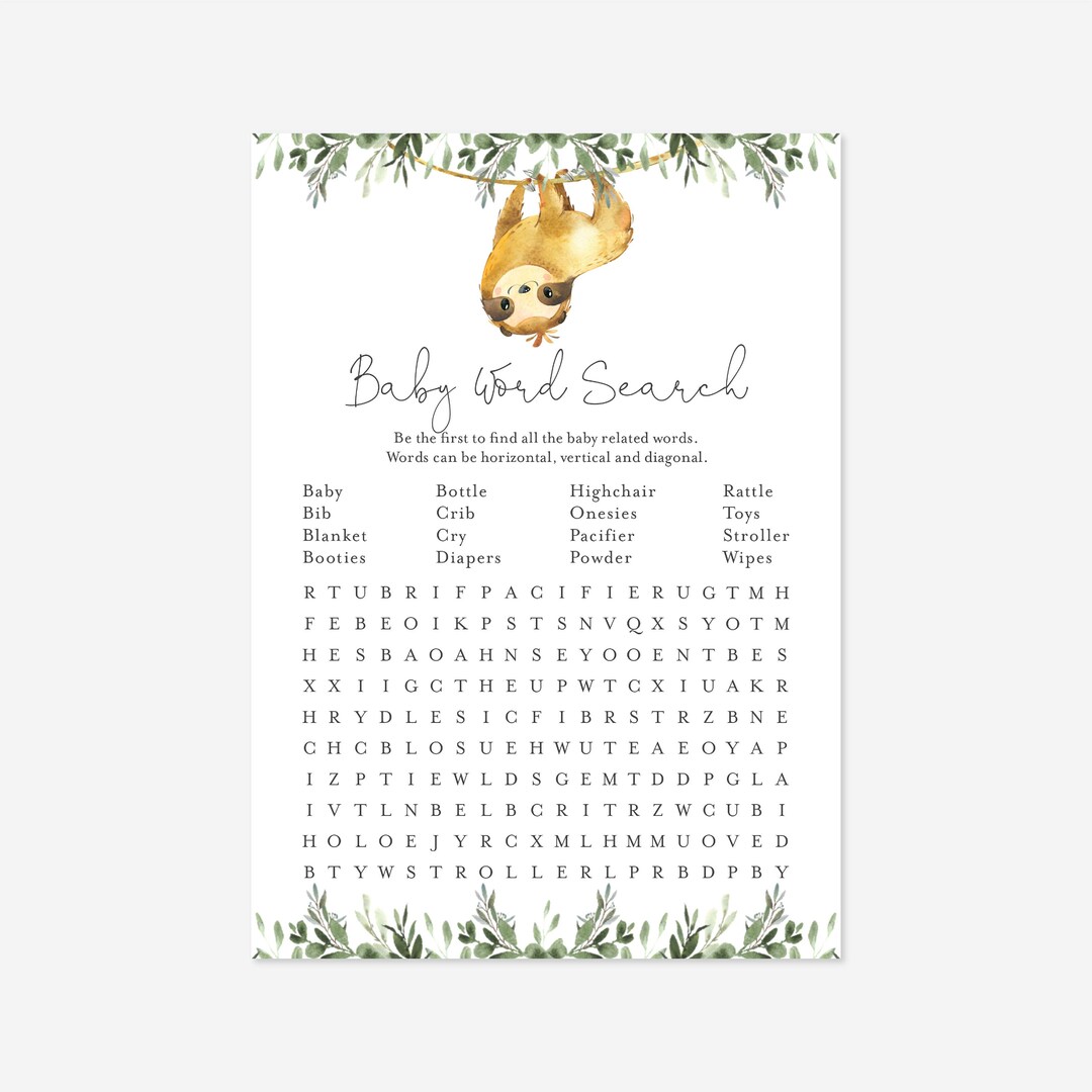 Sloth Baby Shower Word Search Game Sloth Word Search Game - Etsy