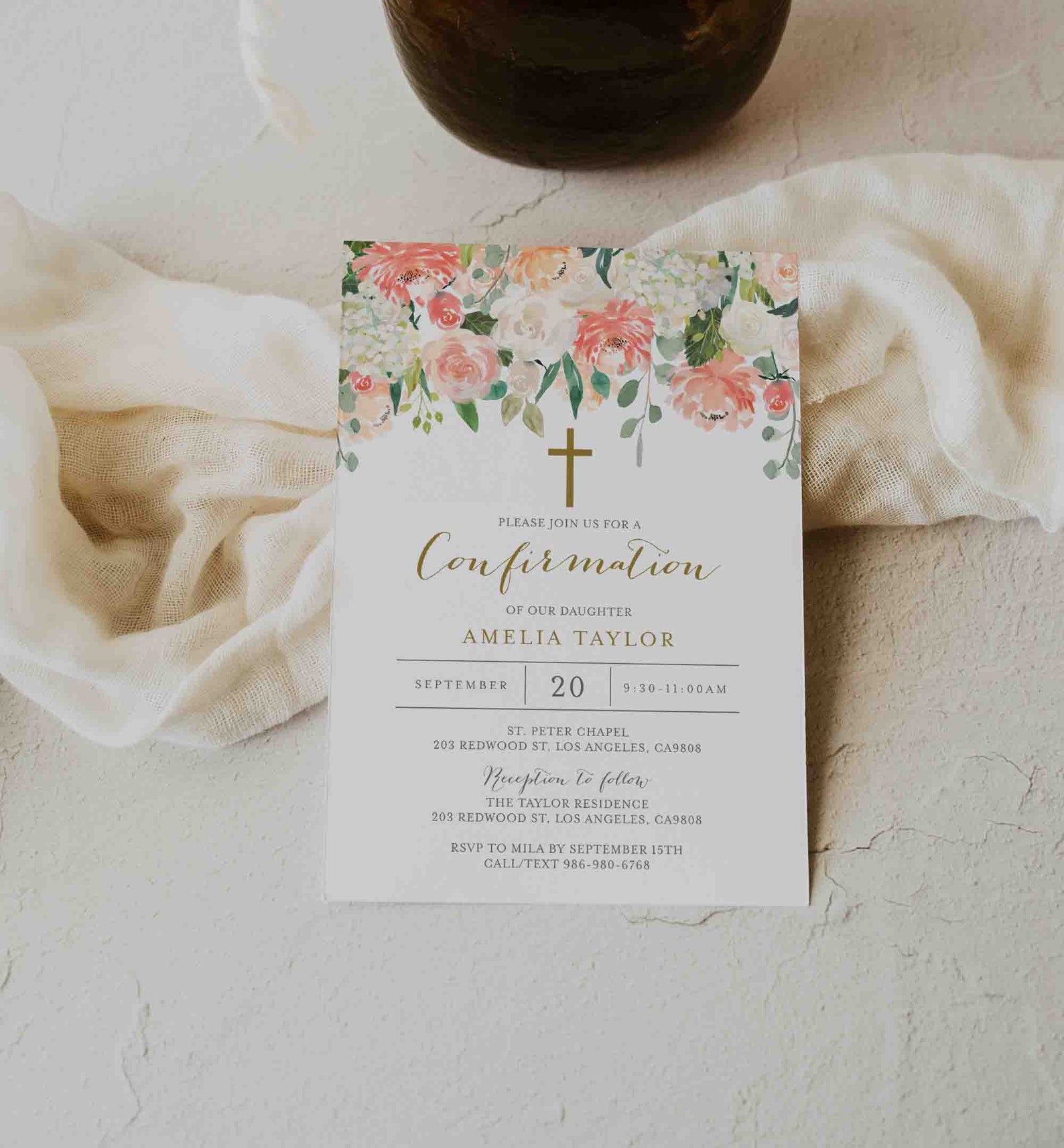 Peach and Cream Confirmation Invitation, Floral Confirmation Invitation ...