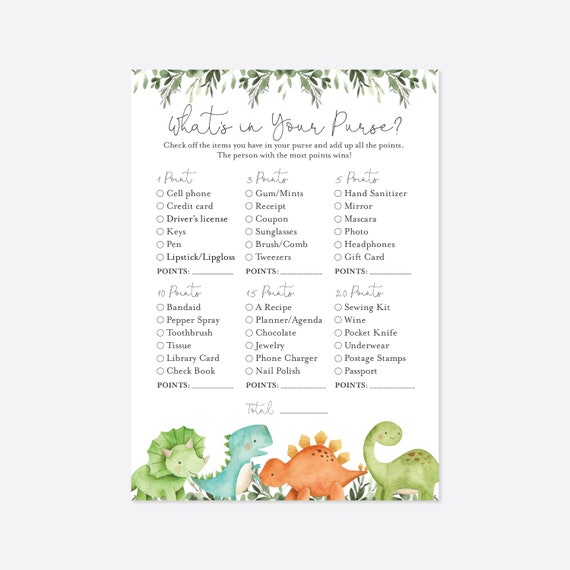 Dinosaur Baby Shower What's in Your Purse Game Dinosaur - Etsy