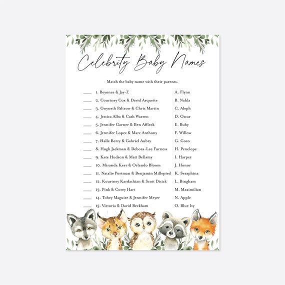 Woodland Baby Shower Celebrity Baby Names Game Woodland | Etsy