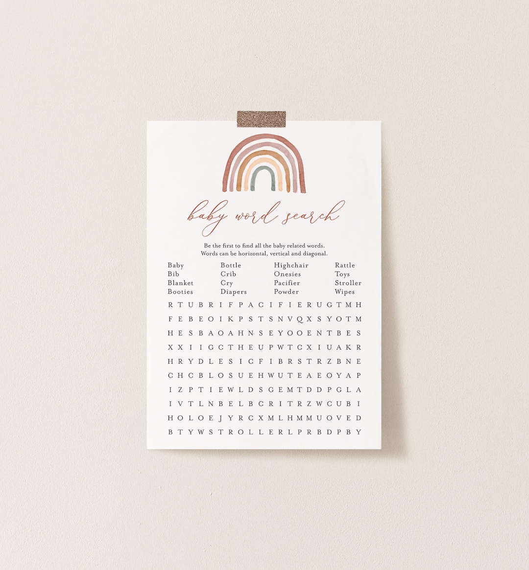 Rainbow Baby Shower Word Search Game, Boho Rainbow Word Search Game ...