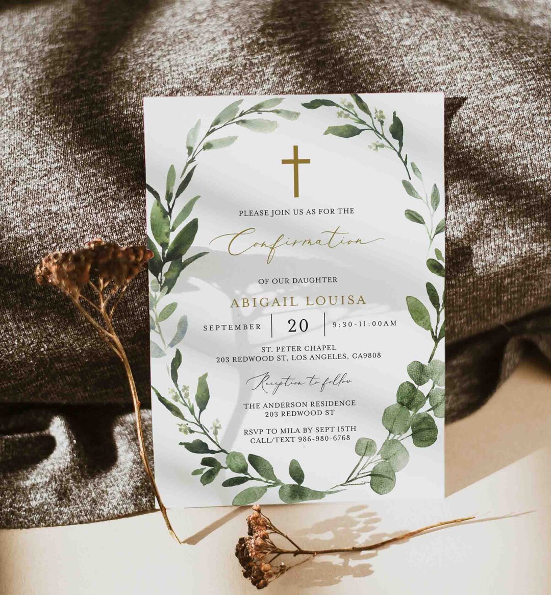 Greenery Confirmation Invitation, Eucalyptus Confirmation Invitation ...