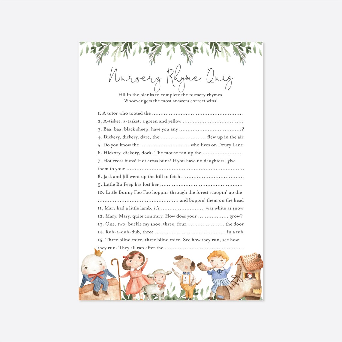 Nursery Rhyme Baby Shower Nursery Rhyme Quiz Game Nursery | Etsy