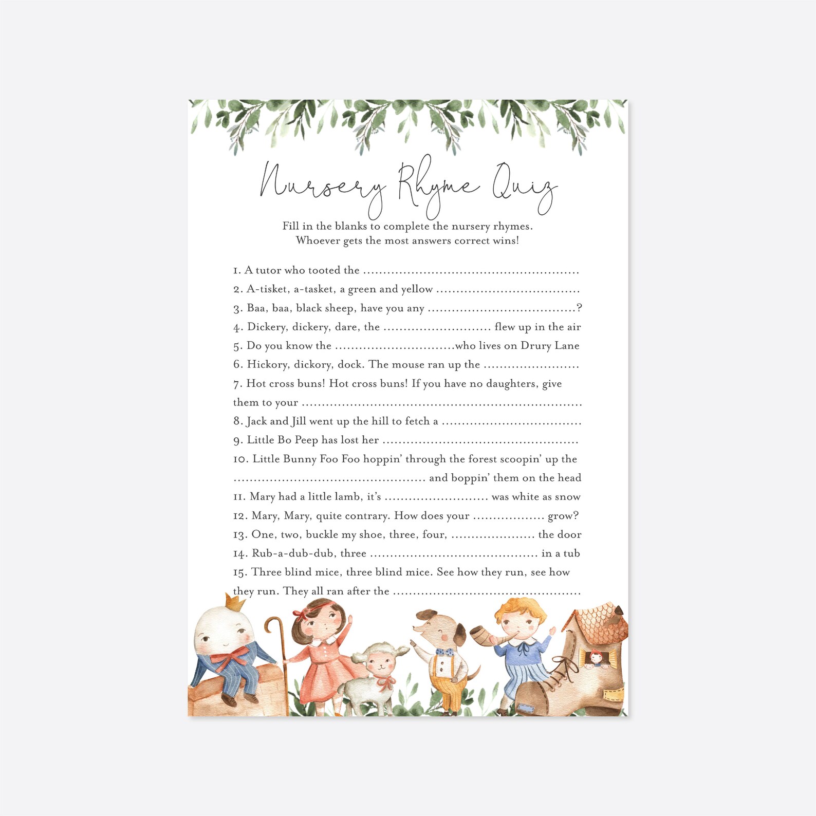Nursery Rhyme Baby Shower Nursery Rhyme Quiz Game Nursery | Etsy