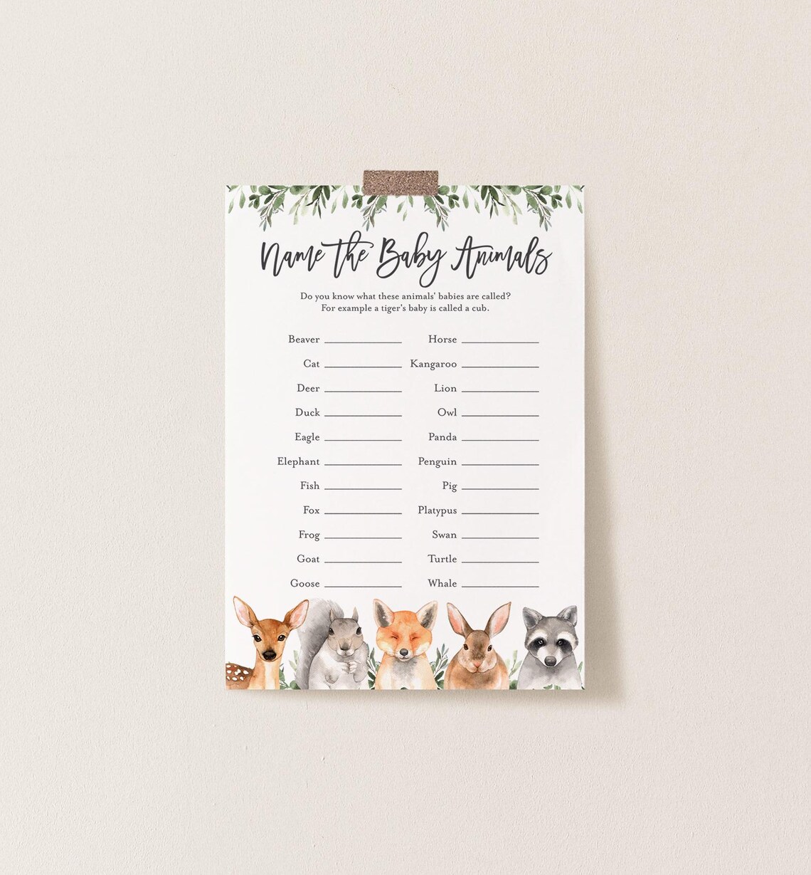Woodland Baby Shower Name the Baby Animals Game, Woodland Name the Baby ...