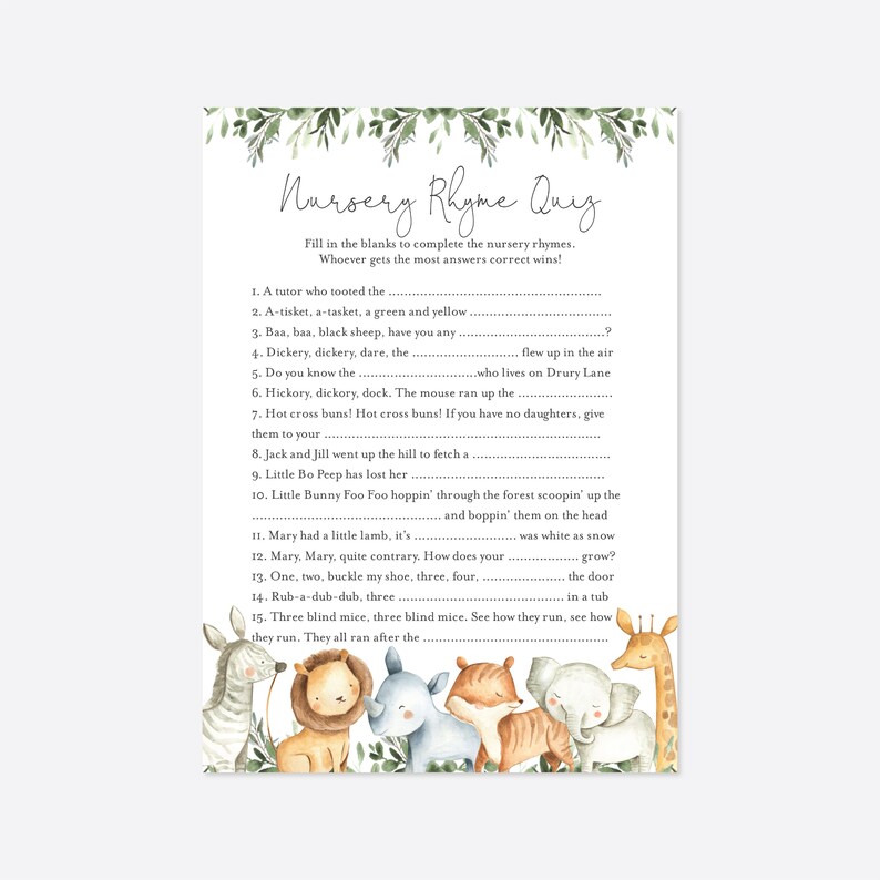 Safari Baby Shower Nursery Rhyme Quiz Game Safari Nursery | Etsy