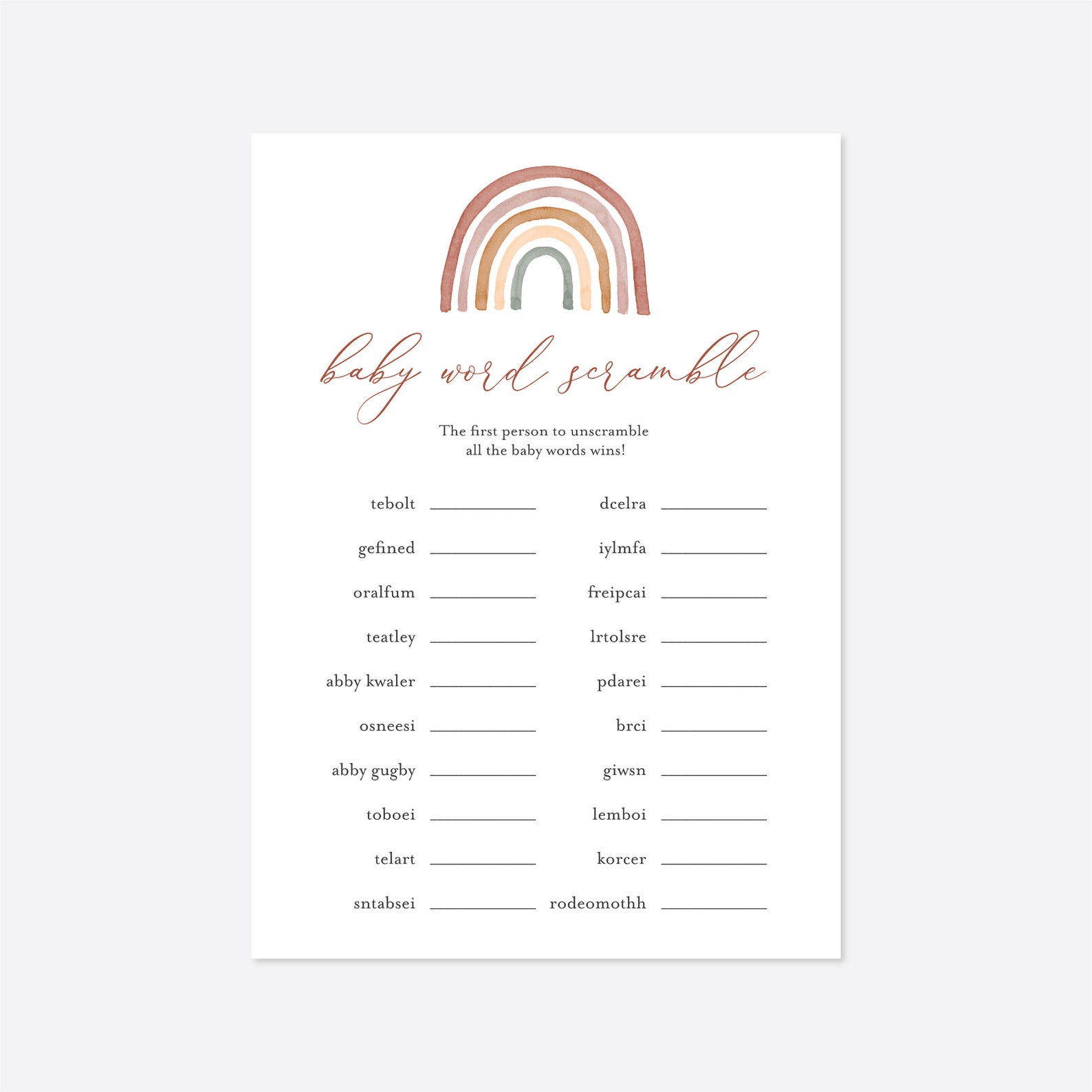 Rainbow Baby Shower Word Scramble Game Boho Rainbow Word - Etsy