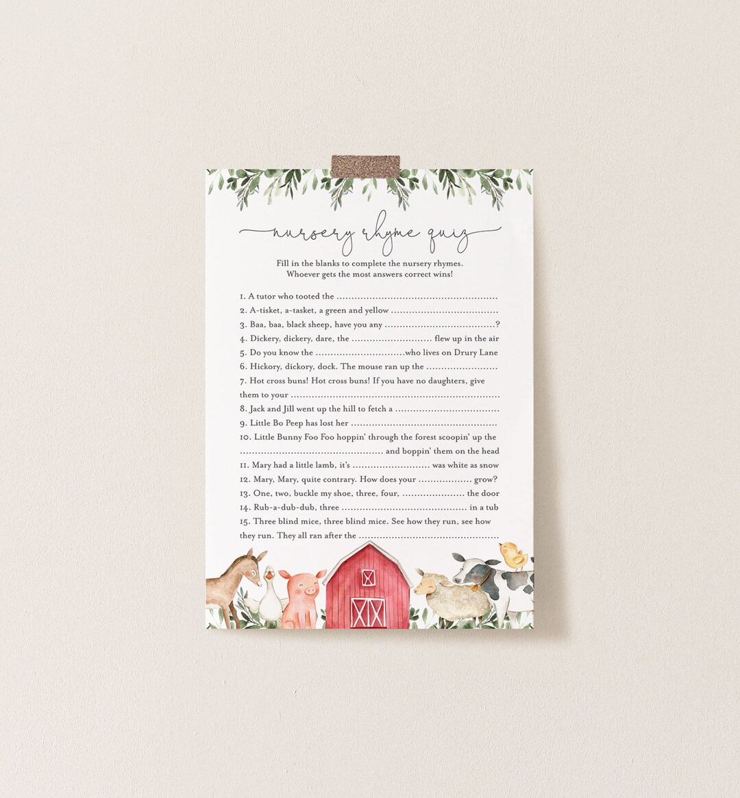 Farm Baby Shower Nursery Rhyme Quiz Game, Farm Nursery Rhyme Quiz Game ...