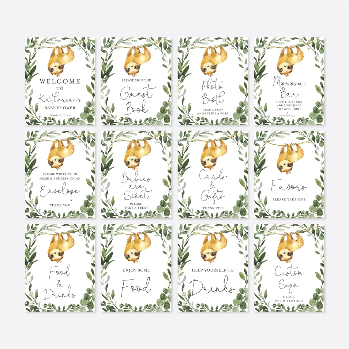 Sloth Baby Shower Table Signs Bundle, Sloth Baby Shower Custom Signs ...