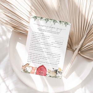 Farm Baby Shower Nursery Rhyme Quiz Game, Farm Nursery Rhyme Quiz Game ...