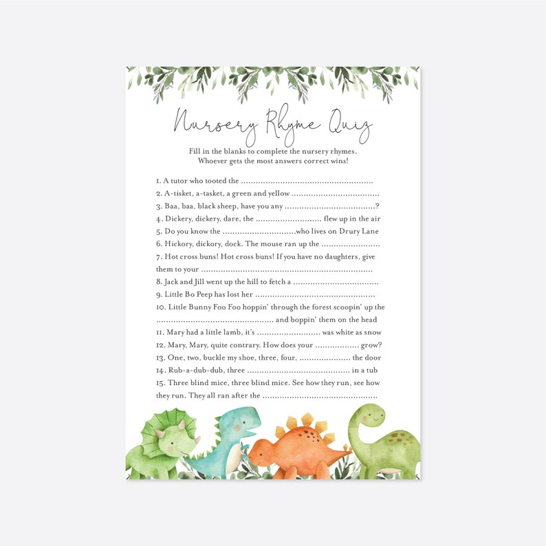 Dinosaur Baby Shower Nursery Rhyme Quiz Game Dinosaur Nursery - Etsy
