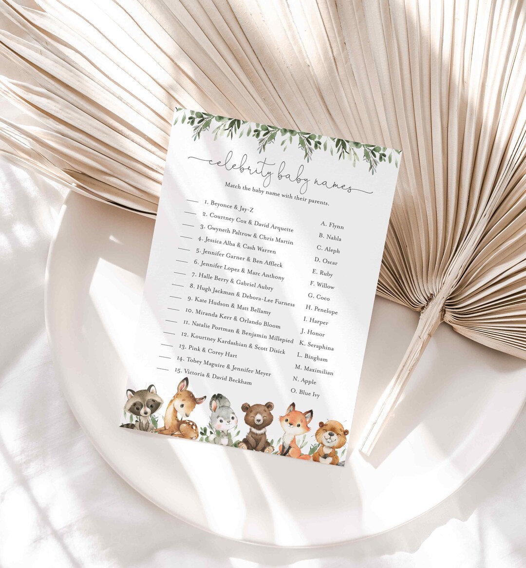Woodland Baby Shower Celebrity Baby Names Game, Woodland Celebrity Baby ...