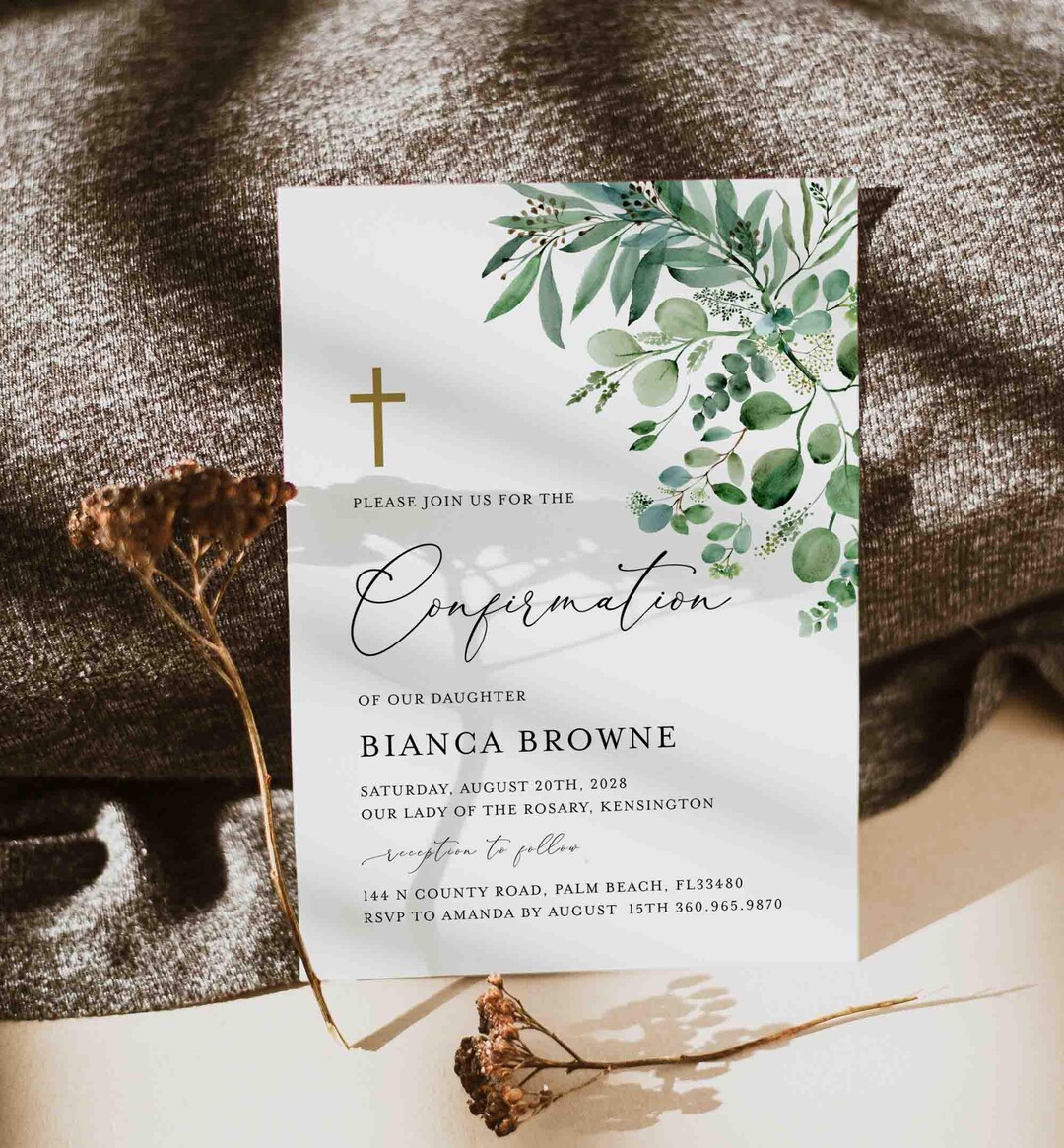 Greenery Confirmation Invitation, Eucalyptus Confirmation Invitation ...