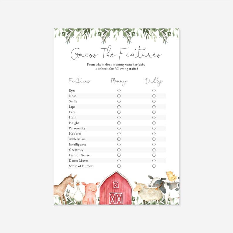 Farm Baby Shower Guess the Features Game Farm Guess the - Etsy