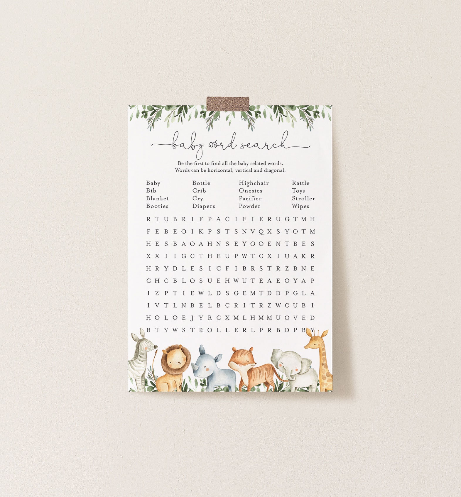 Safari Baby Shower Word Search Game, Safari Word Search Game, Jungle ...
