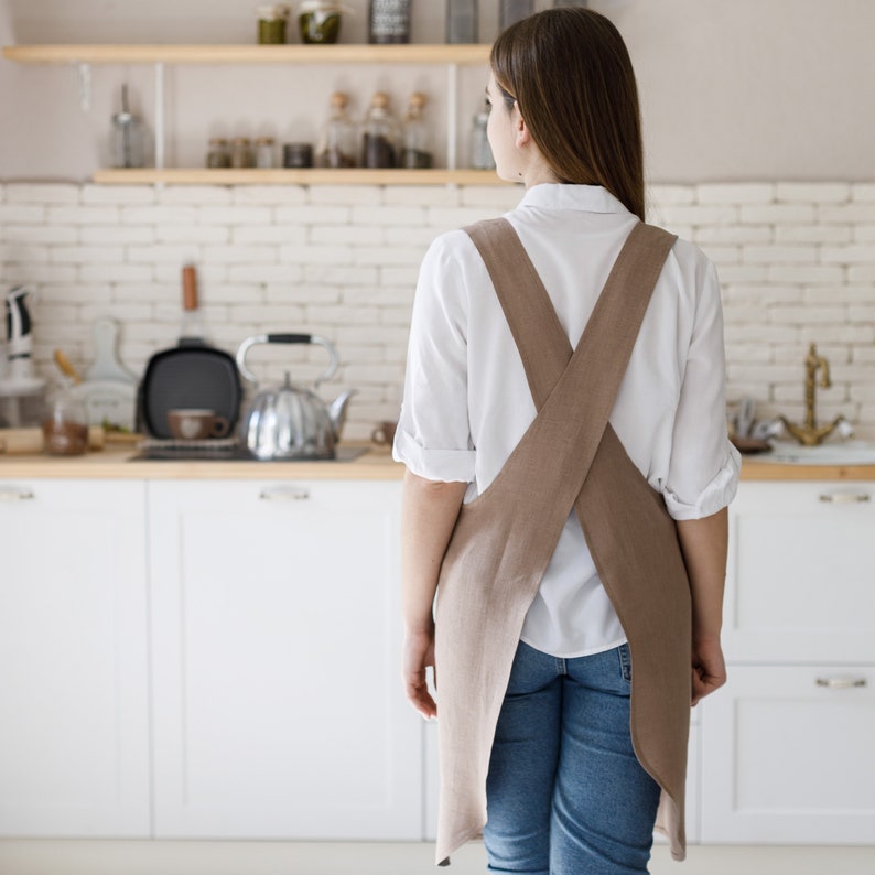 Japan Linen Apron With Pockets and No Tie Pinafore Cross Back - Etsy