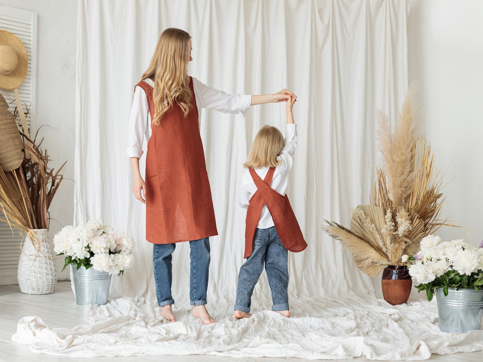 Japan Linen Apron With Pockets and No Tie, Pinafore Apron Dress, Mommy ...